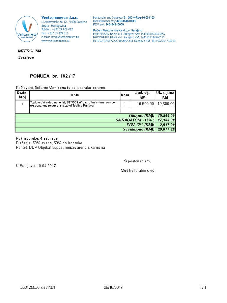 PONUDA Br. 182 /17: Interclima Sarajevo | PDF