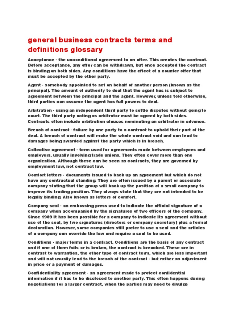 General Business Contracts Terms and Definitions Glossary | Leasehold ...