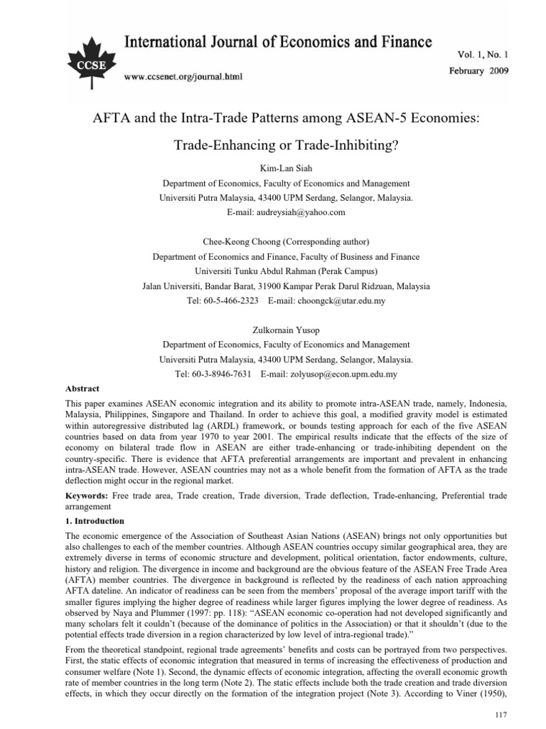 AFTA and The Intra-Trade Patterns Among ASEAN-5 Economies: Trade ...