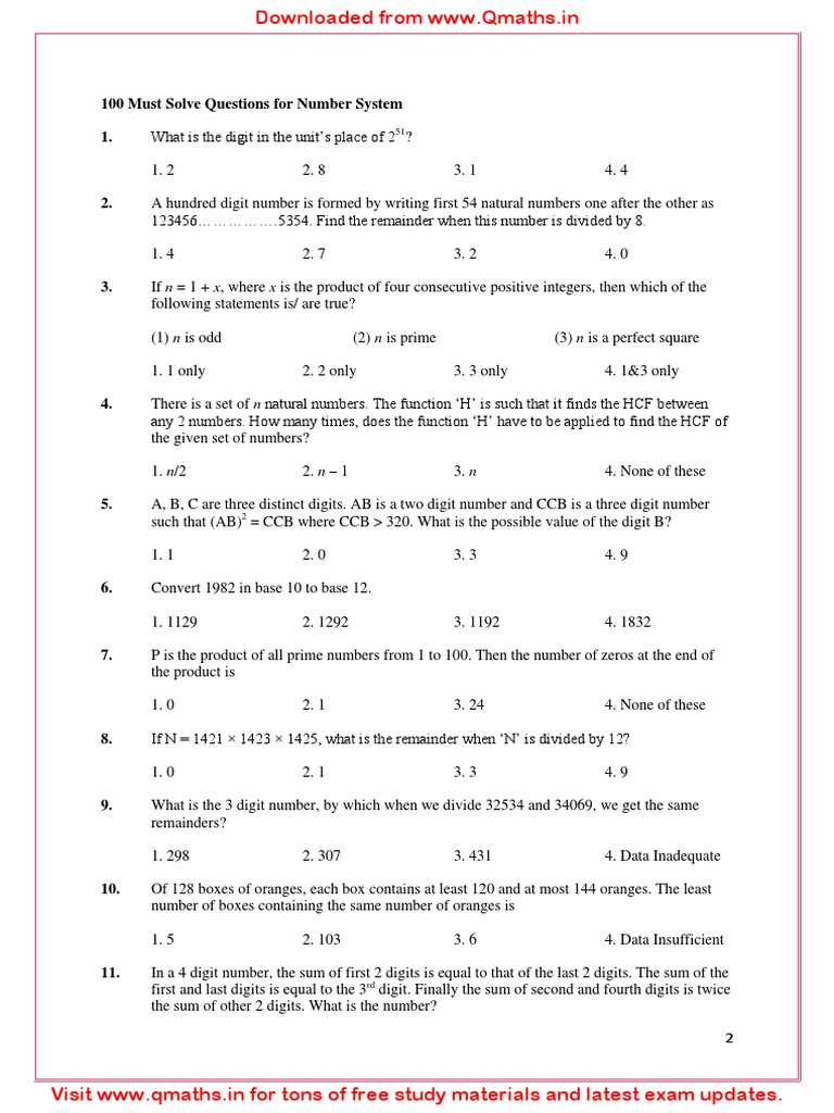 100 QA Number Systems (WWW - Qmaths.in) | PDF | Multiplication | Numbers