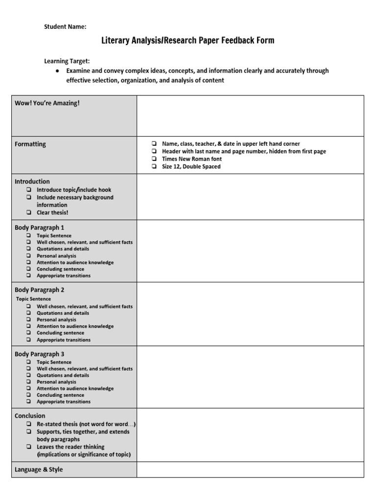 Literary Analysis/Research Paper Feedback Form | PDF | Thesis | Attention