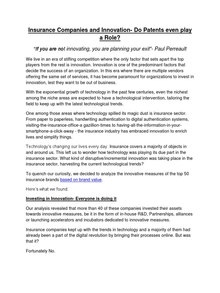 Insurance Companies and Innovation | PDF | Patent Application | Lawsuit