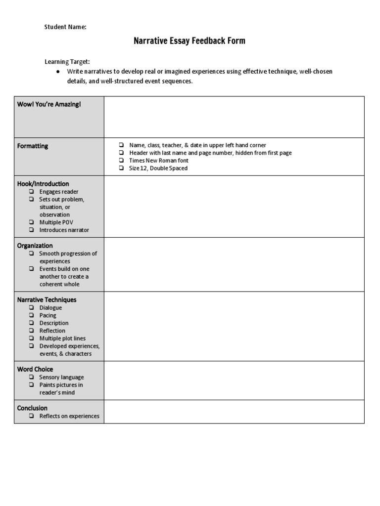 Narrative Essay Feedback Form | PDF | Narrative | Cognition