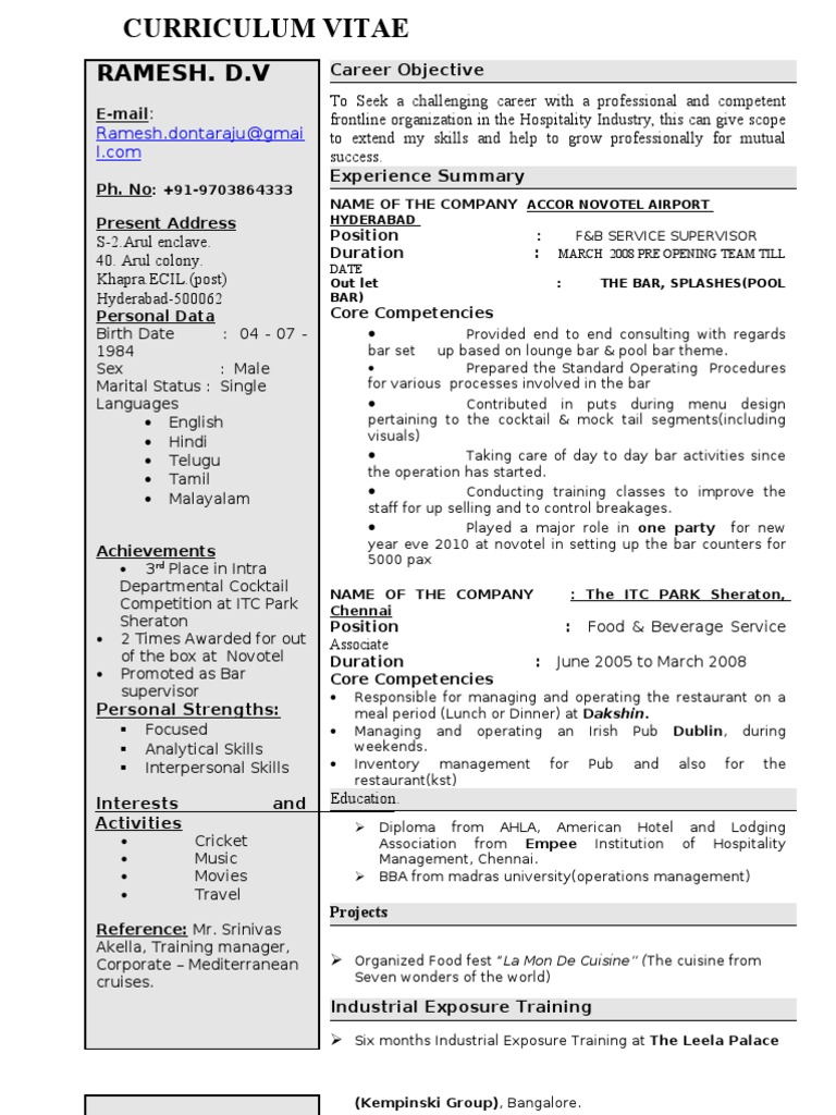 Resume DV | PDF | Food And Drink | Restaurant And Catering