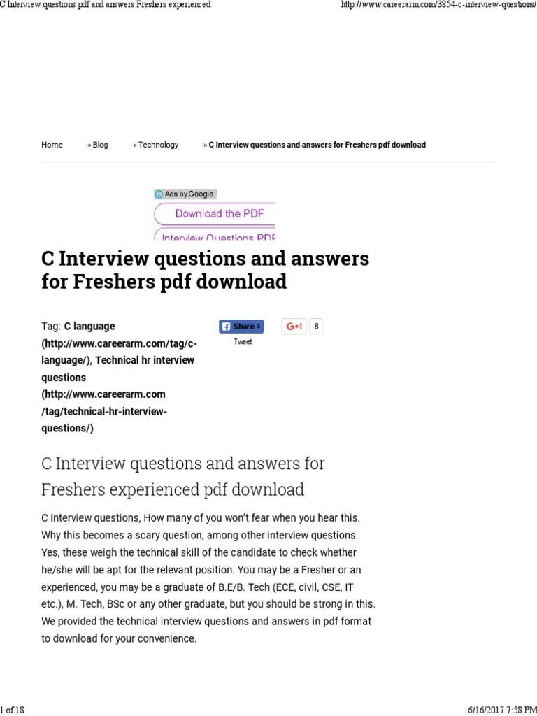 C Interview Questions PDF and Answers Freshers Experienced | PDF ...
