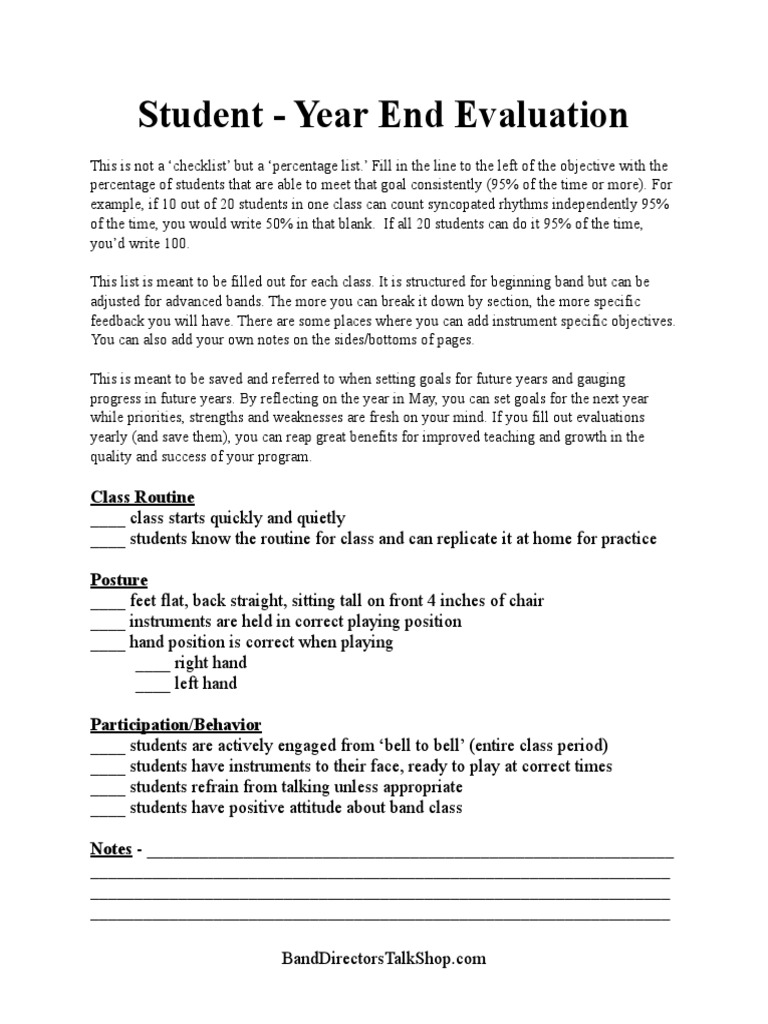 Evaluation - End of Year Checklist | PDF | Rhythm | Music Theory
