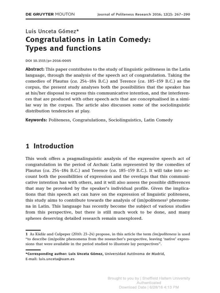 Analyzing the Speech Act of Congratulation in Latin Comedy: Identifying ...