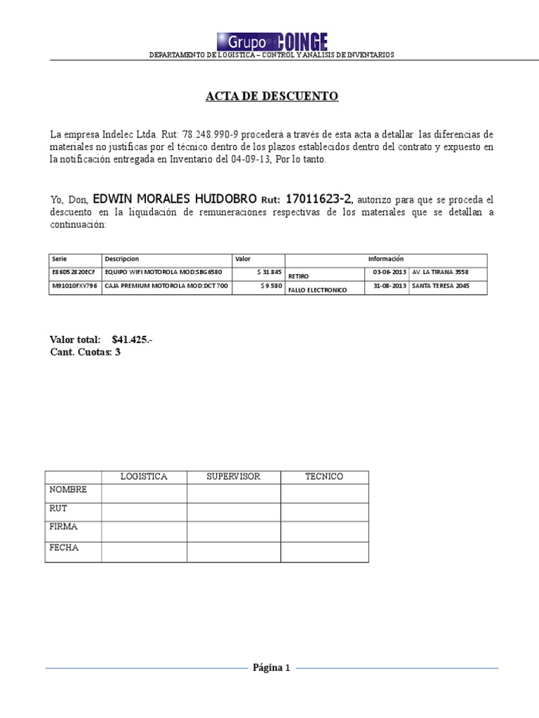Formato Acta Descuento | PDF
