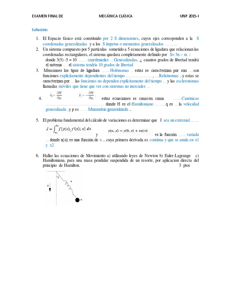 Solucion Examen Final de Mecanica Clasica | PDF | Mecánica Hamiltoniana | Ecuaciones de movimiento