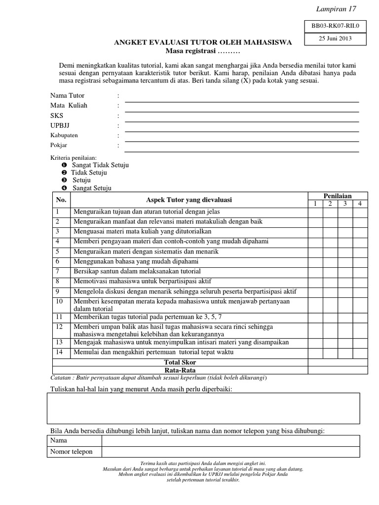 04 Angket Evaluasi Tutor Oleh Mahasiswa | PDF