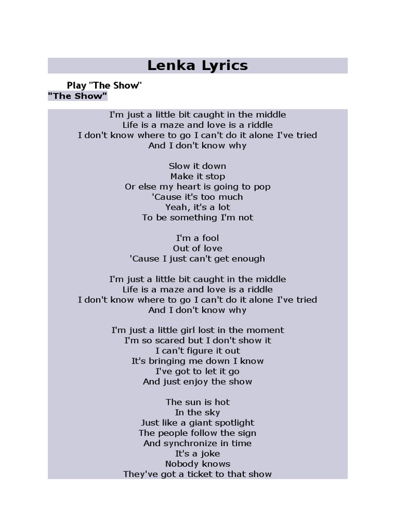 Lenka Lyrics | PDF | Leisure | Entertainment (General)