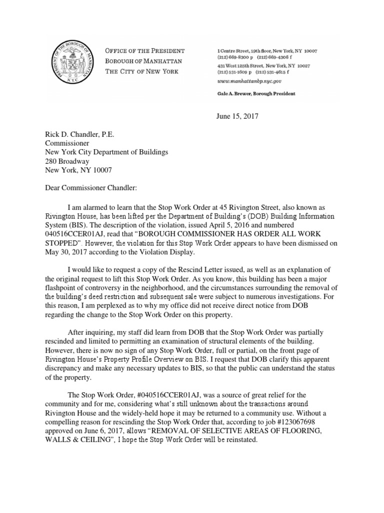 6-15-17 Letter to DOB Re Rivington House Stop Work Order