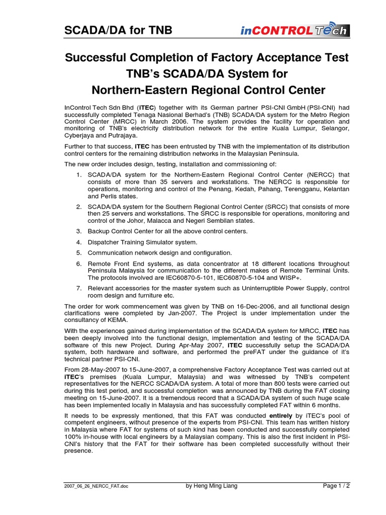 Scada/Da For TNB Successful Completion of Factory Acceptance Test TNB's ...