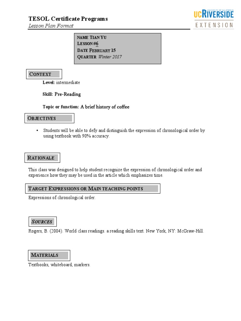 TESOL Certificate Programs: Lesson Plan Format | PDF | Lesson Plan ...
