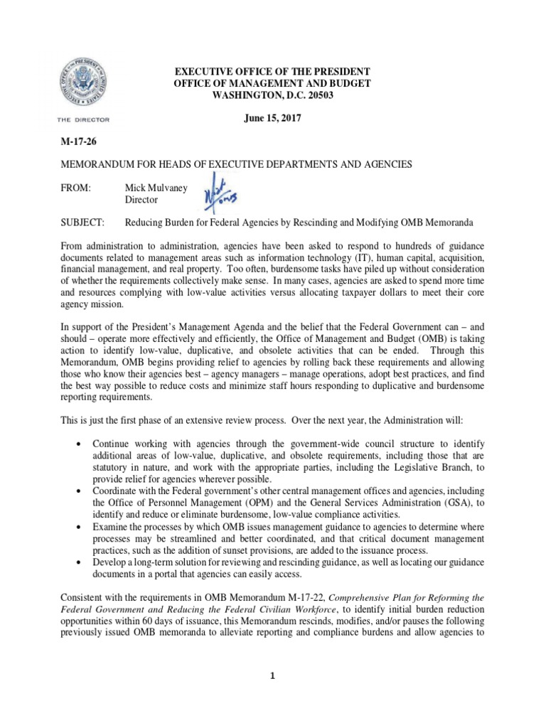 OMB Memo Re: Reducing Regulatory Burden For Federal Agencies | PDF ...
