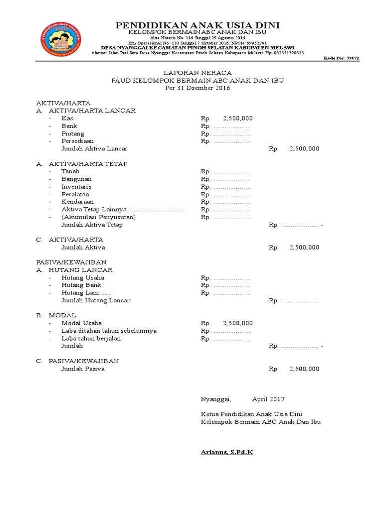 Neraca Keuangan PAUD ABC 2016 | PDF