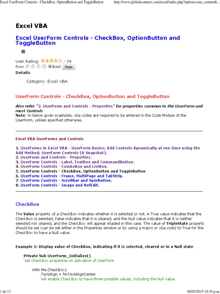 Excel UserForm Controls - CheckBox, OptionButton and ToggleButton | PDF | Visual Basic For ...