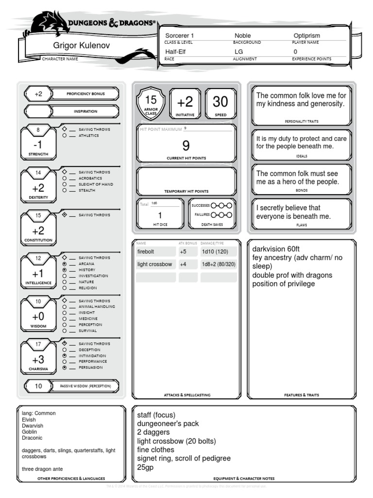 Character Sheet (Alternative) (1) GRIGOR | Role Playing Games | Gaming