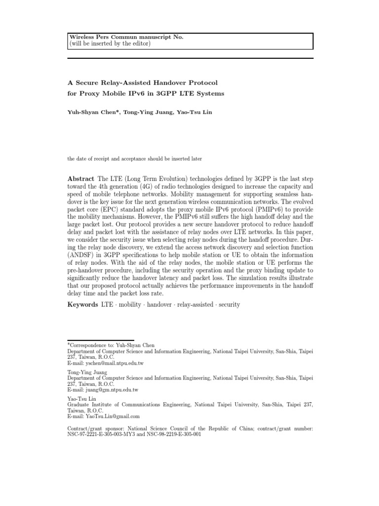 A Secure Relay-Assisted Handover Protocol For Proxy Mobile Ipv6 in 3Gpp Lte Systems | PDF | High ...