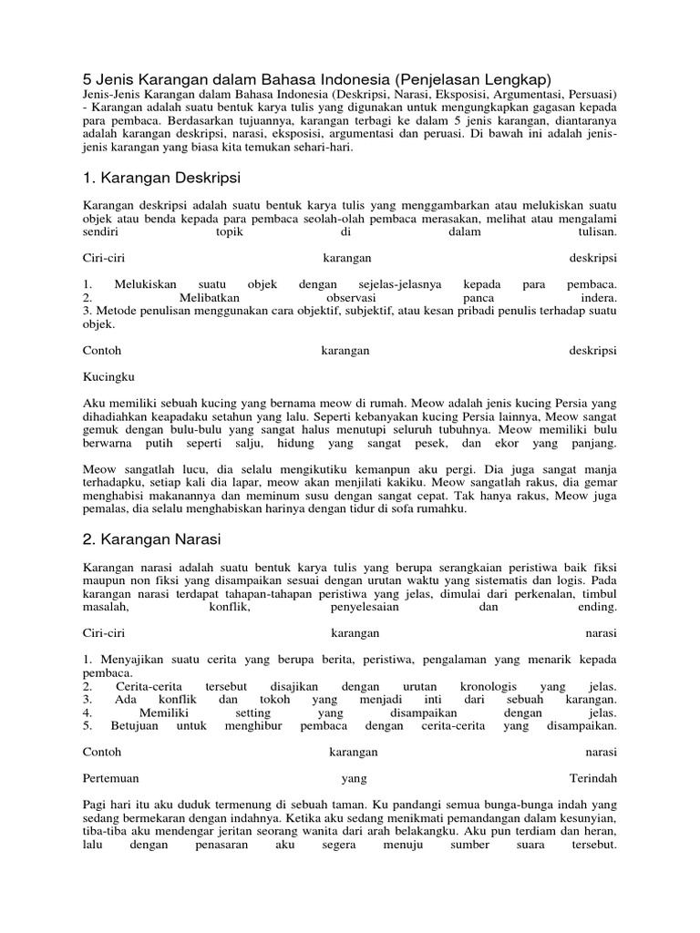 5 Jenis Karangan Dalam Bahasa Indonesia | PDF