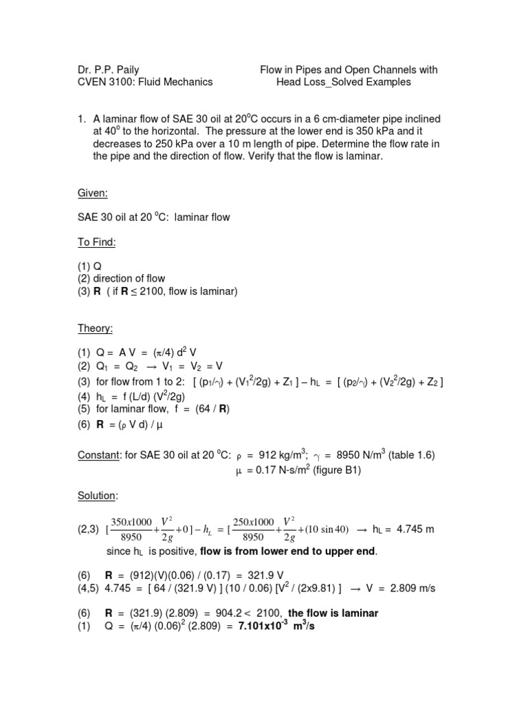Flow in Pipes and Channels - Solved Examples | PDF | Laminar Flow ...