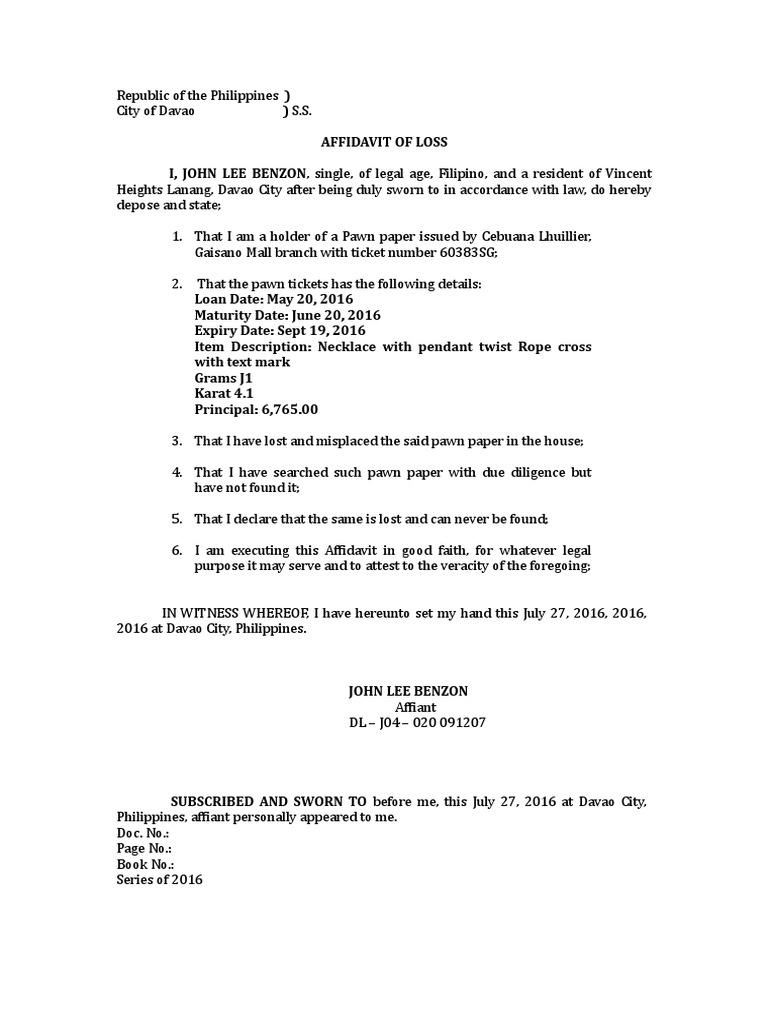 Affidavit of Loss Pawn Paper | PDF