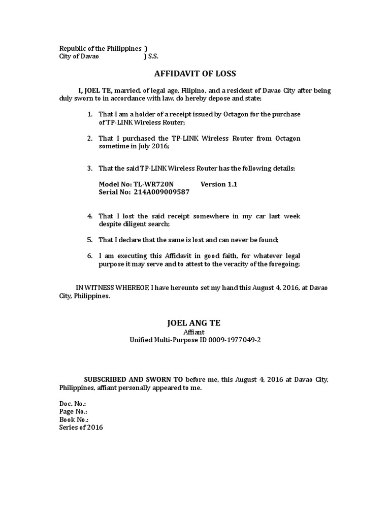 Affidavit of Loss Receipts | PDF