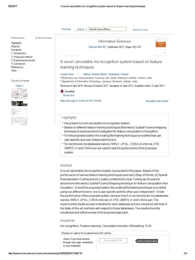 A Novel Cancelable Iris Recognition System Based On Feature Learning Techniques | PDF | Science ...