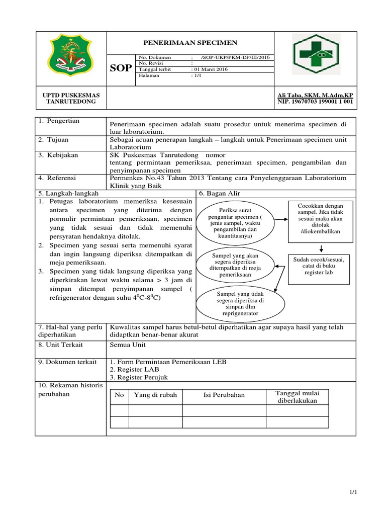 8.1.2.1 SOP Penerimaan Spesimen | PDF