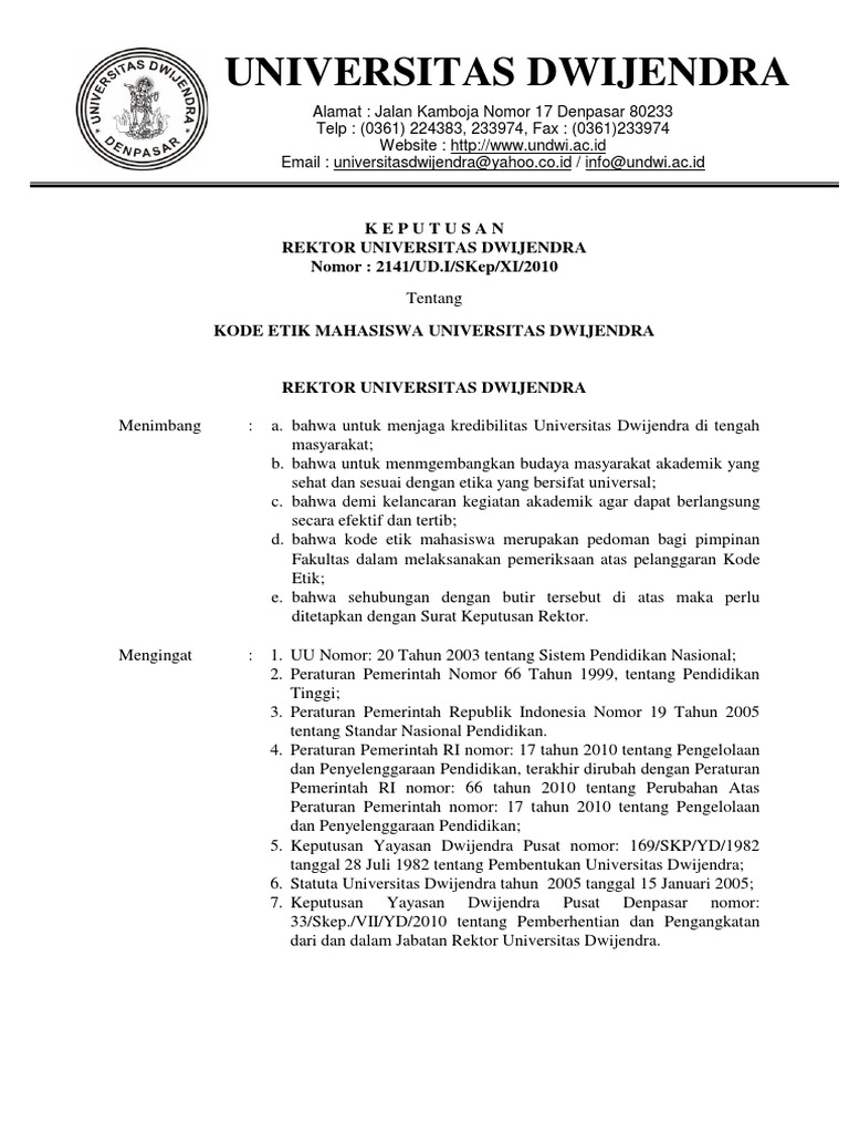 Kode Etik Mahasiswa Universitas Dwijendra | PDF