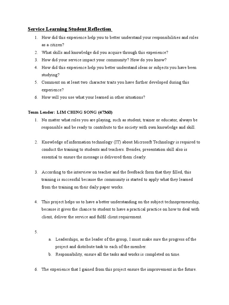 Service Learning Student Reflection: Team Leader: LIM CHING SONG (47360 ...