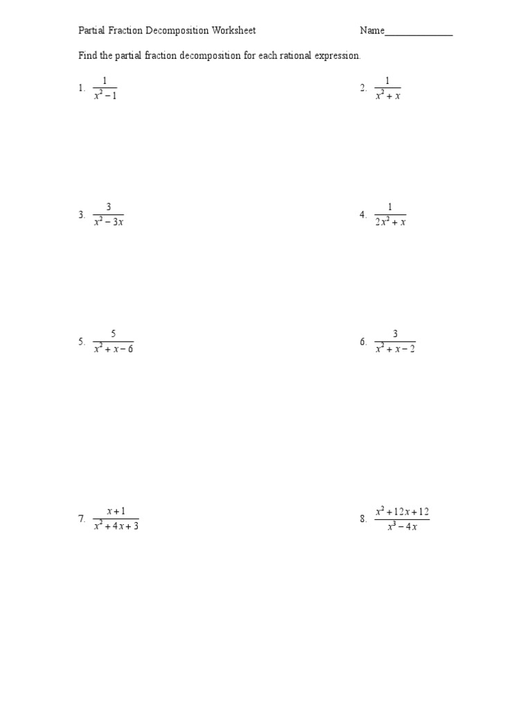 Partial Fraction Decomposition Worksheet | PDF