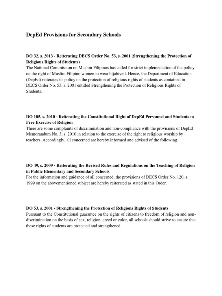 DepEd Provisions For Secondary Schools | PDF | State School | Curriculum