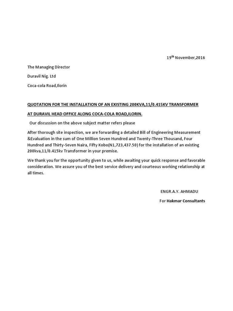 Quotation For The Installation of An Existing 200kva, 11/0.415Kv ...