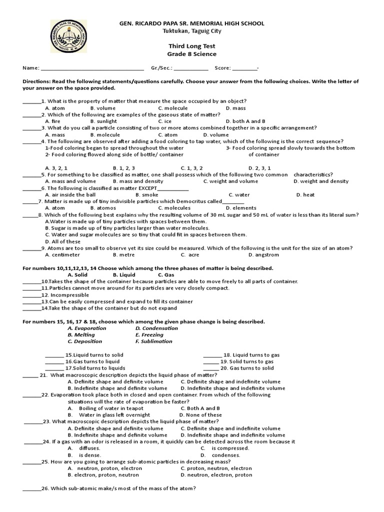 Third Long Test Grade 8 Science: Gen. Ricardo Papa Sr. Memorial High ...