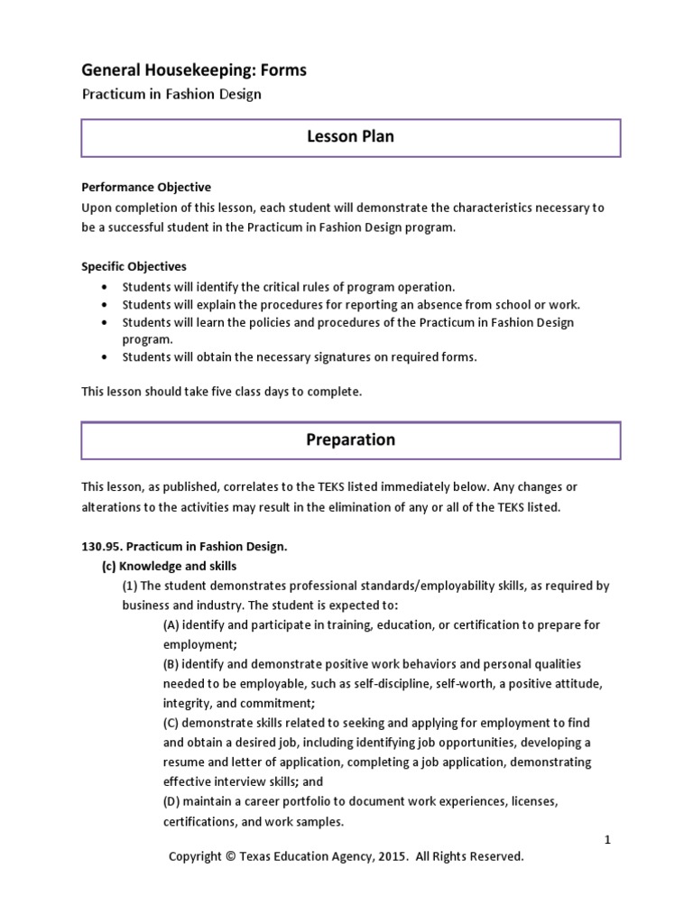 01 Pract Fashion Housekeeping Lesson Plan | PDF | Reading Comprehension ...
