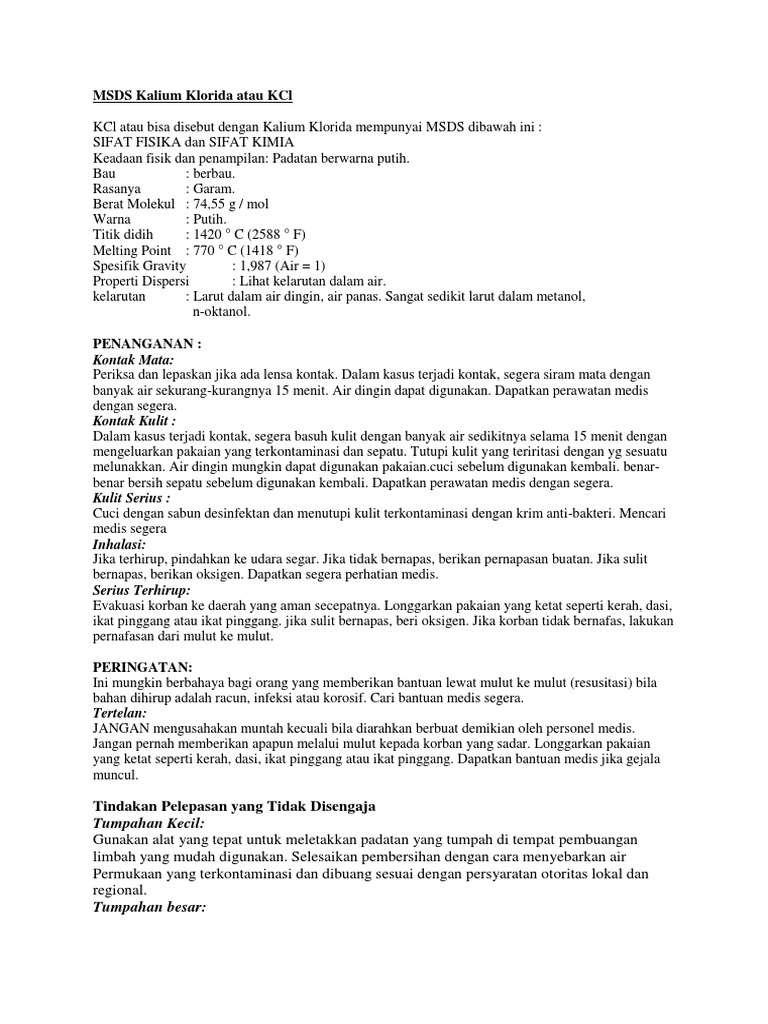 MSDS Kalium Klorida (KCl) dan Sifatnya | PDF
