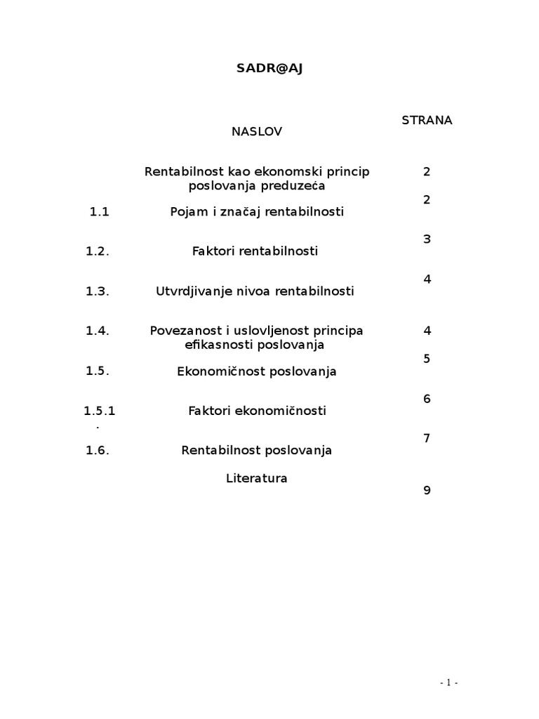 Rentabilnost Kao Ekonomski Princip Poslovanja Preduzeca | PDF
