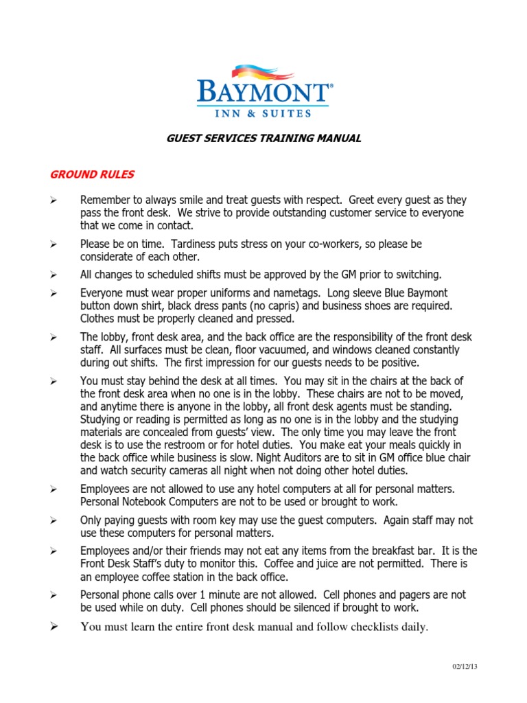 BAYMONT Front Desk Manual | PDF | Credit Card | Cheque