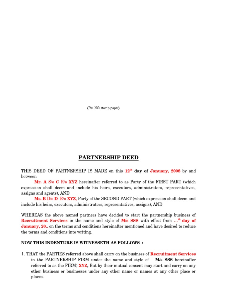 Sample Partnership Deed 4 | PDF | Partnership | Business Law