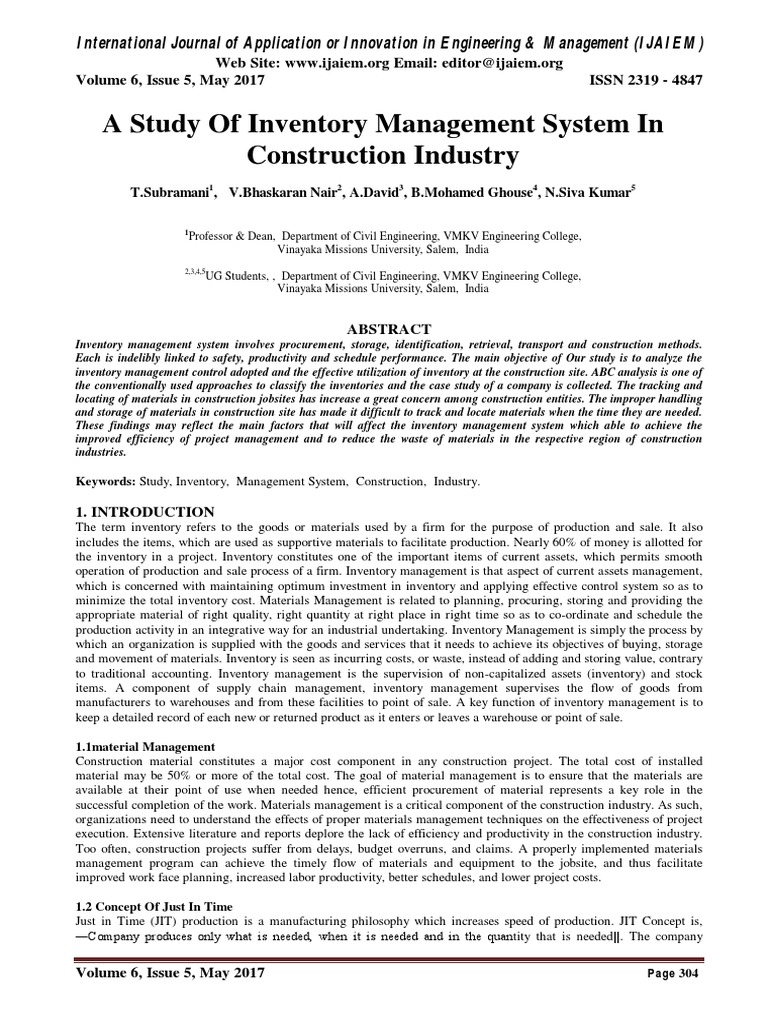 A Study of Inventory Management System in Construction Industry | PDF ...