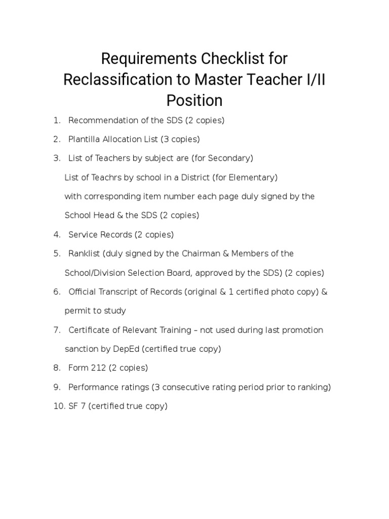 Requirements Checklist For Reclassification To Master Teacher I ...