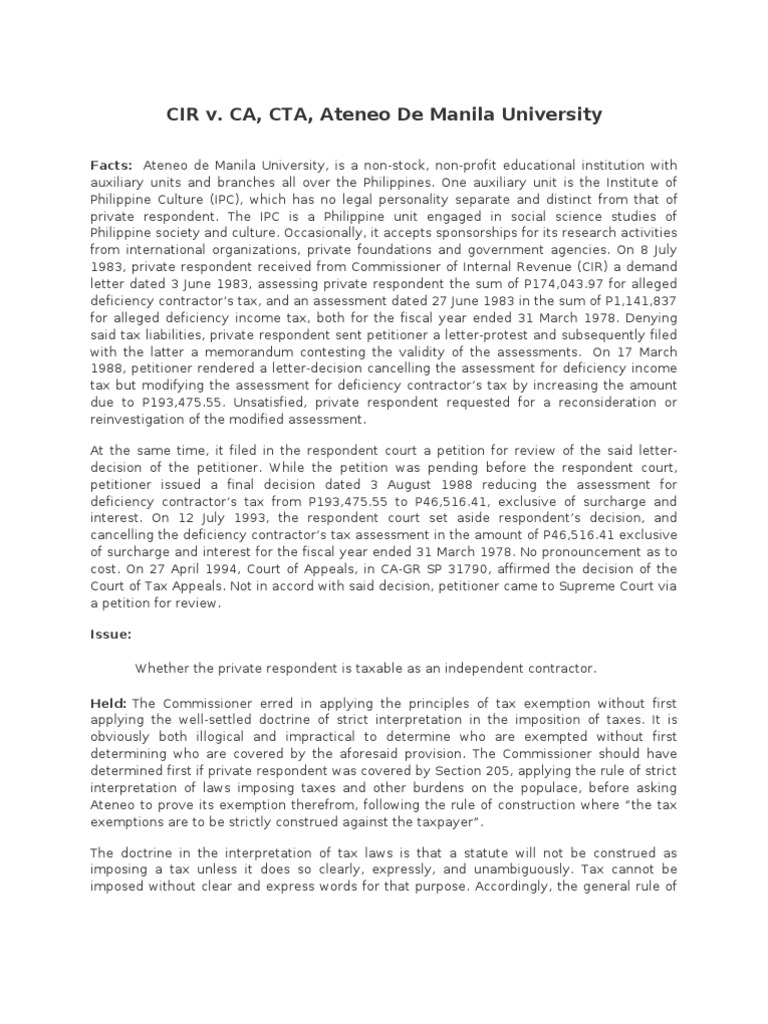 CIR V CA, CTA, ADMU | PDF | Statutory Interpretation | Taxes