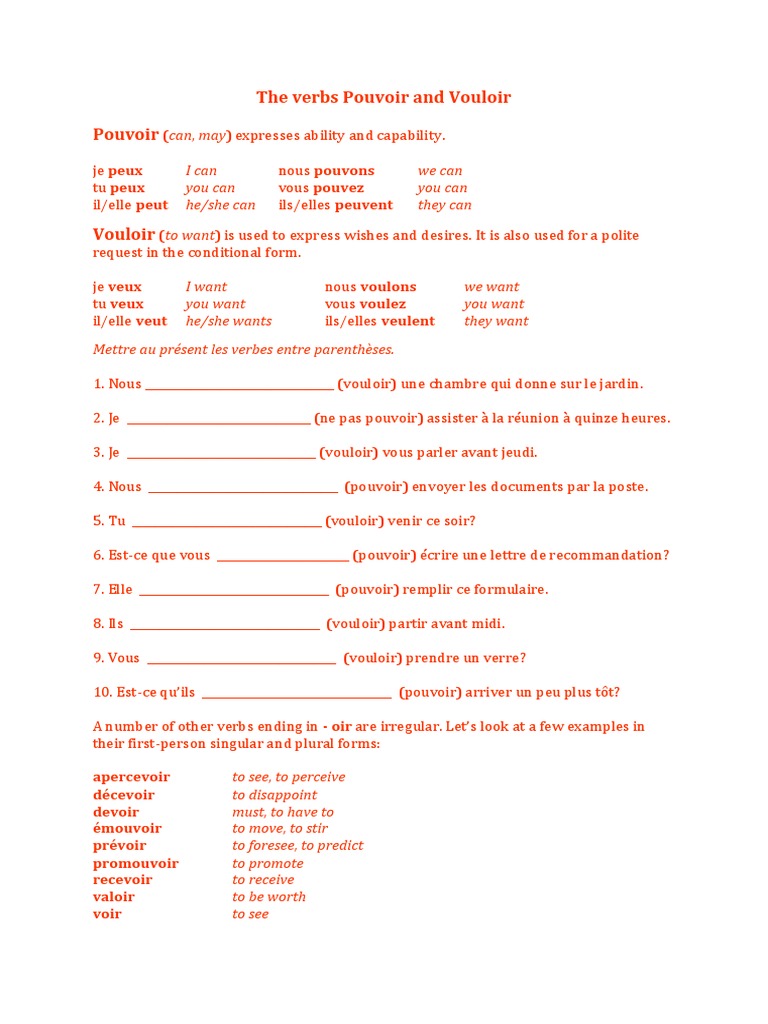 The Verbs Pouvoir and Vouloir Exercices | Descargar gratis PDF | Échecs ...