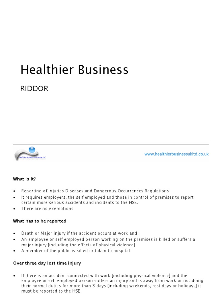 Healthier Business: Riddor | PDF | Finance & Money Management