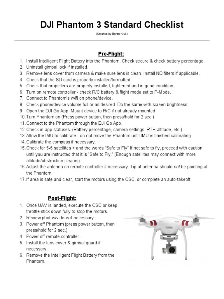 DJI Phantom 3 Standard Flight Checklist | PDF