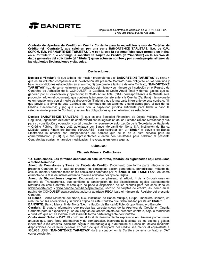 Contrato Tarjeta de Credito BANORTE | PDF | paquete general de Radio ...