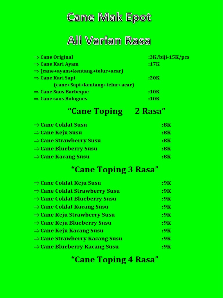 Cane Menu: Varieties & Prices | PDF