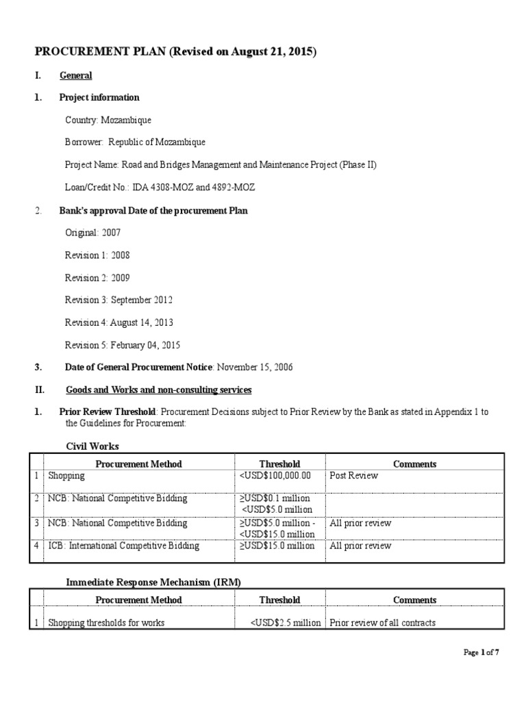 World Bank Procurement Plan-21082015 | PDF | Procurement | Business