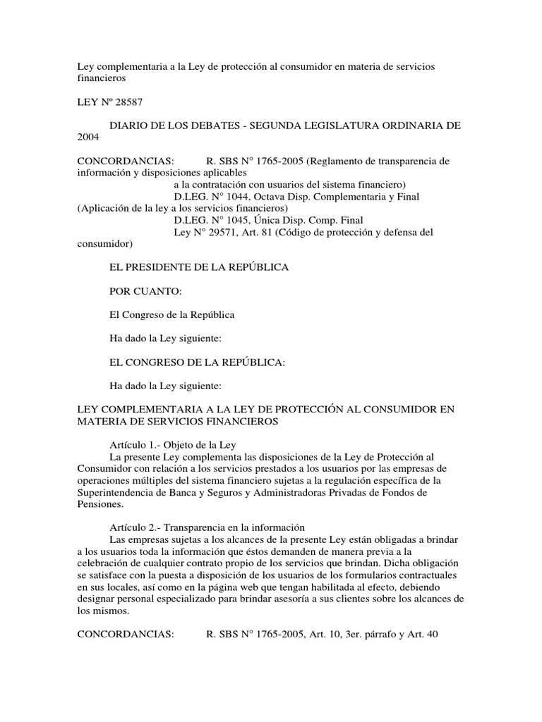 Ley Complementaria A La Ley de Protección Al Consumidor 28587 | PDF ...